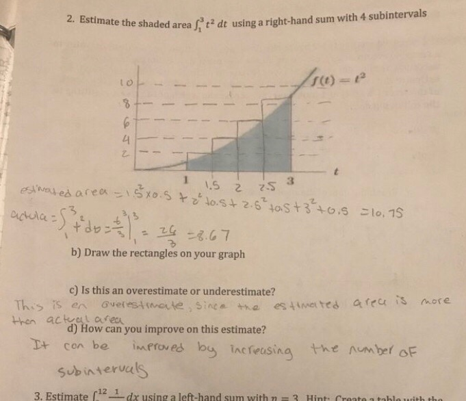 Solved 2. Estimate the shaded area t dt using a right-hand | Chegg.com