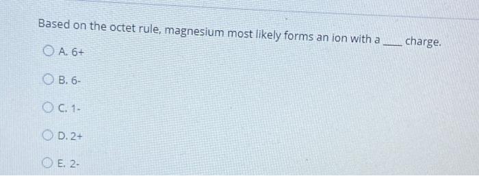 Solved Based on the octet rule, magnesium most likely forms | Chegg.com