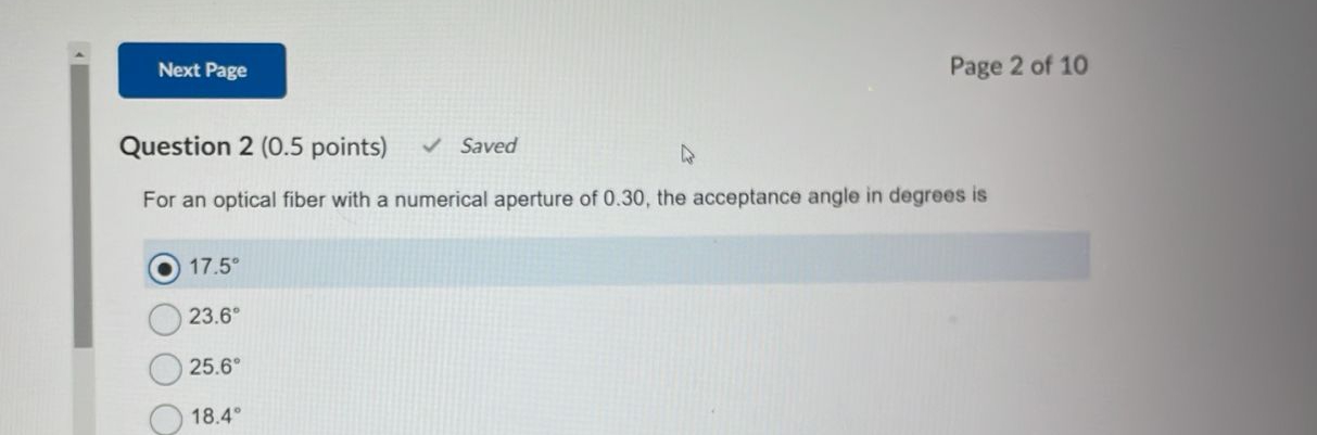 Solved Question 2 ( 0.5 ﻿points)For an optical fiber with a | Chegg.com