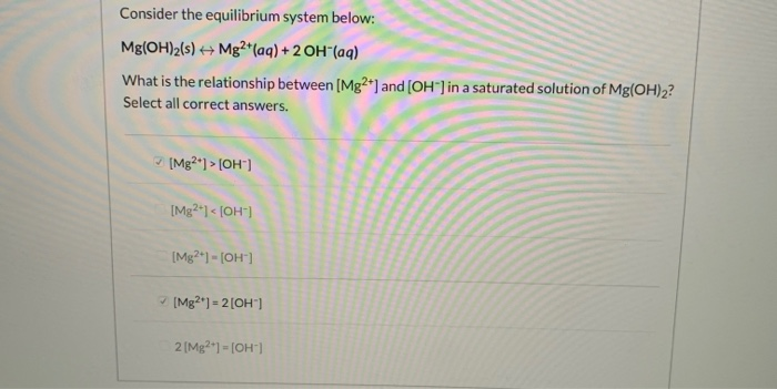 Solved Consider the equilibrium system below: Mg(OH)2(s) + | Chegg.com