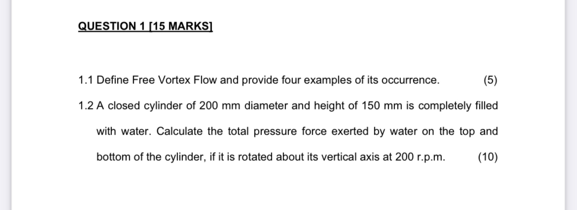 Solved QUESTION 1 [15 ﻿MARKS]1.1 ﻿Define Free Vortex Flow | Chegg.com