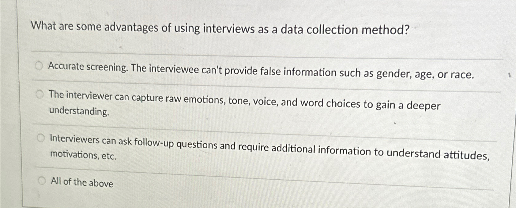 Solved What are some advantages of using interviews as a | Chegg.com