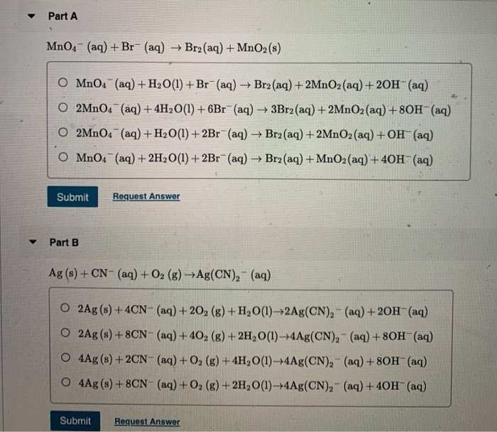 Solved Part A MnO4- (aq) + Br- (aq) → Br2(aq) + MnO2(s) O | Chegg.com