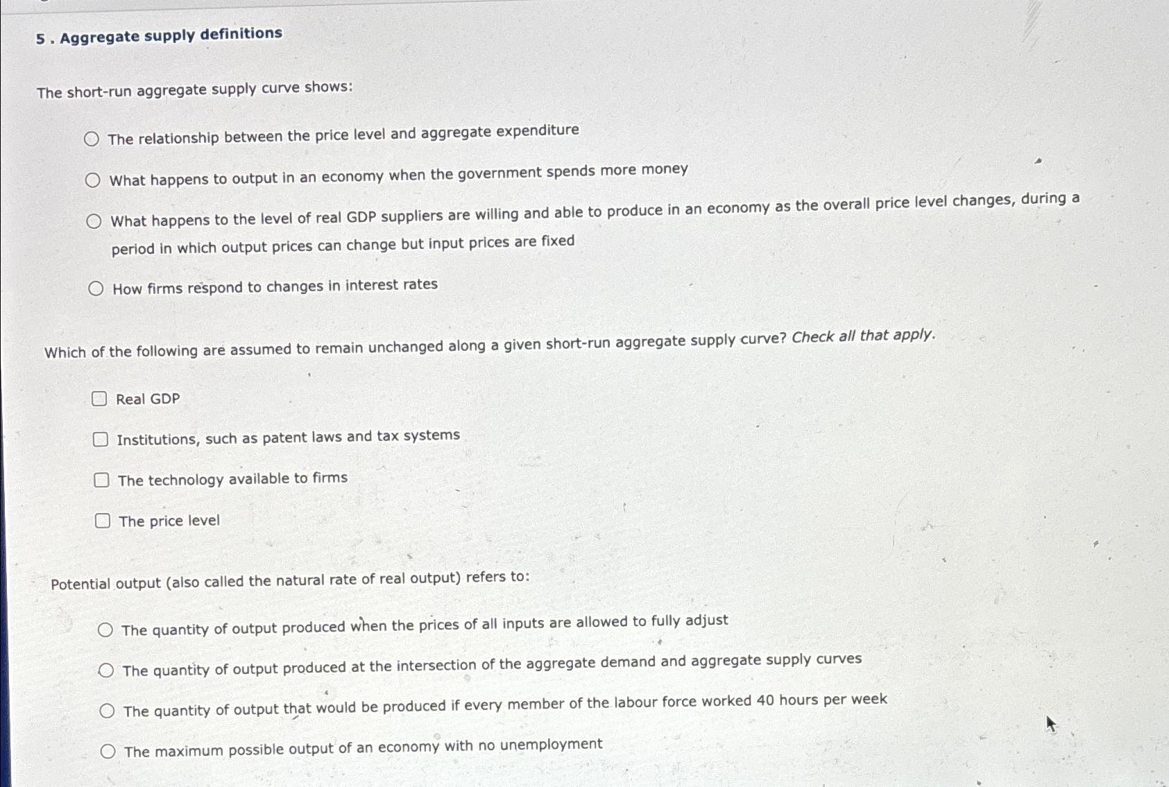 Solved Aggregate supply definitionsThe short-run aggregate | Chegg.com