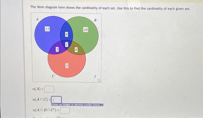 Solved The Venn diagram here shows the cardinality of each | Chegg.com