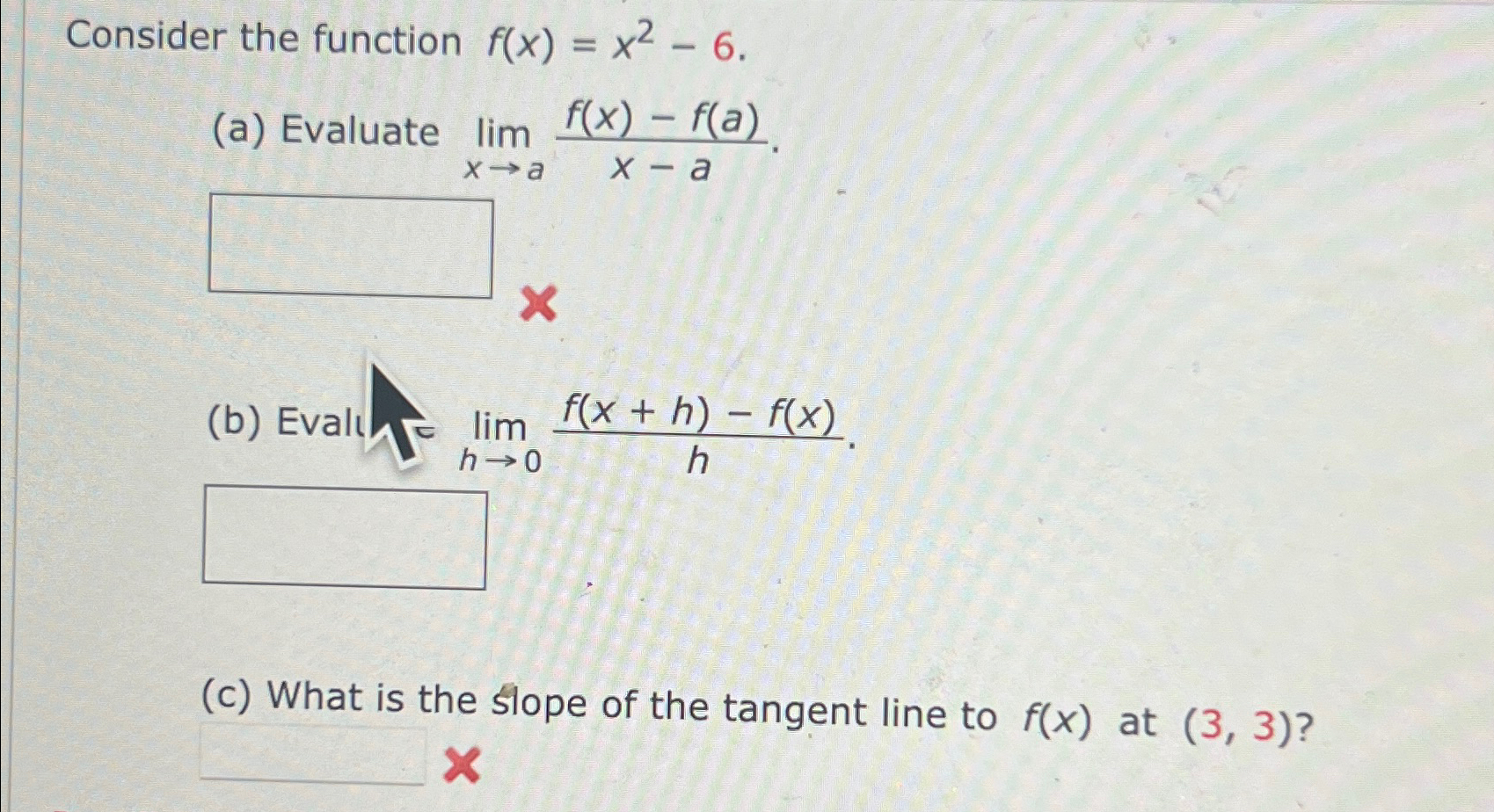 Solved Consider the function f(x)=x2-6(a) ﻿Evaluate | Chegg.com