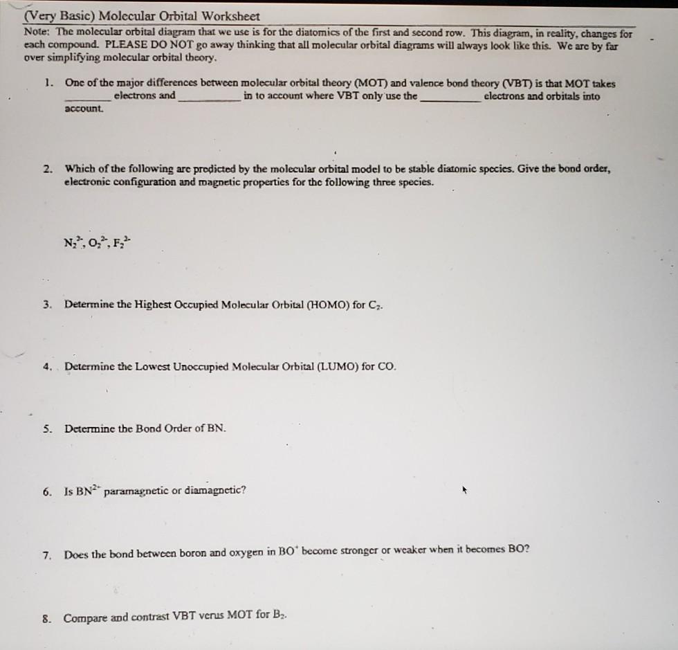 Solved (Very Basic) Molecular Orbital Worksheet Note: The | Chegg.com