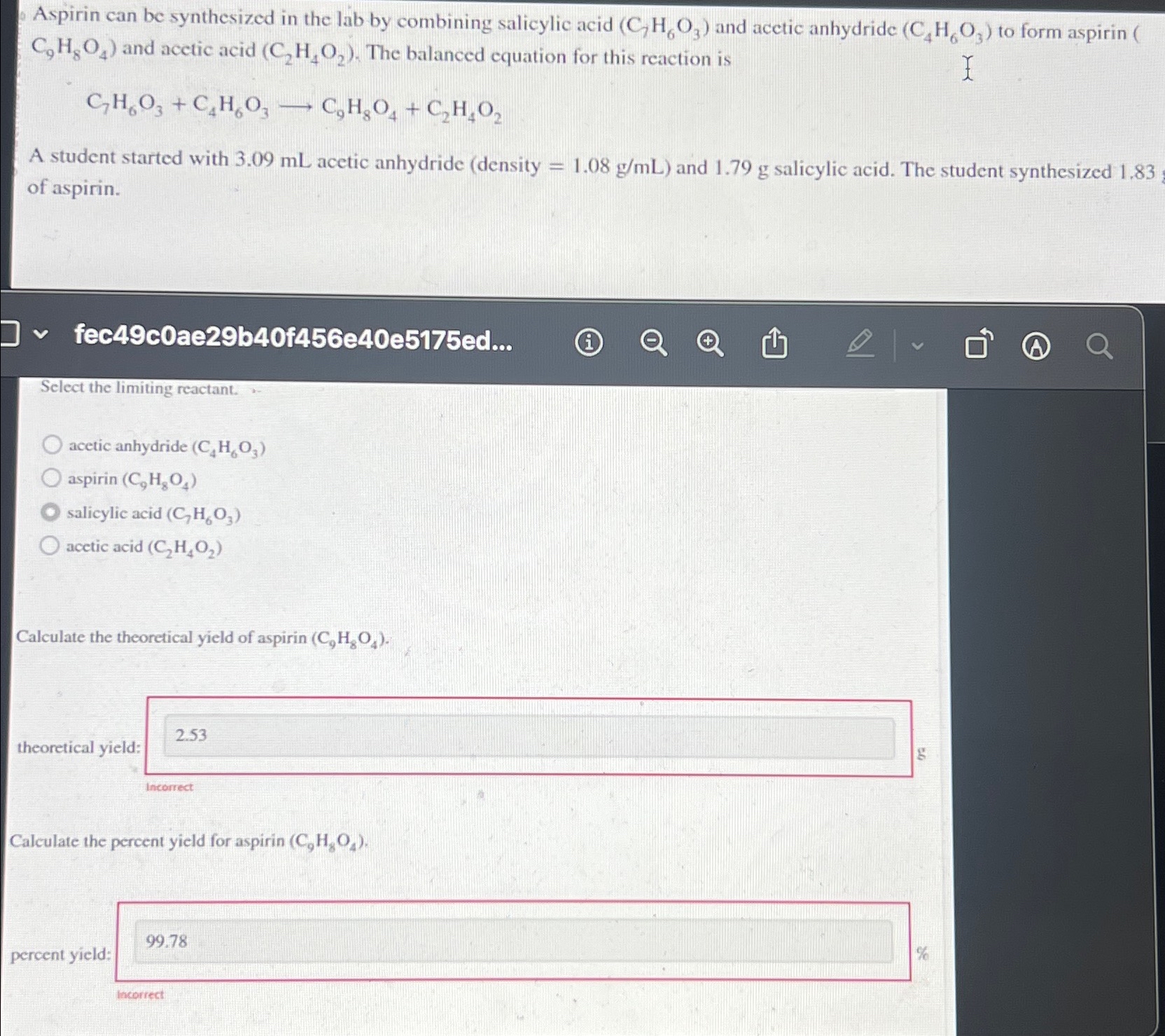 Solved Aspirin can be synthesized in the lab by combining | Chegg.com