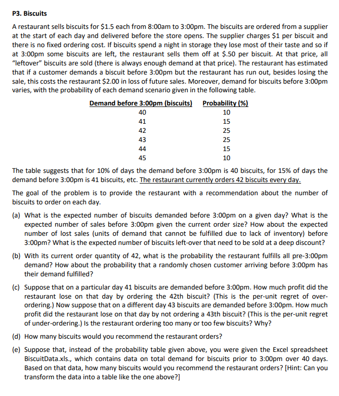 Solved P3. ﻿BiscuitsA restaurant sells biscuits for $1.5 | Chegg.com