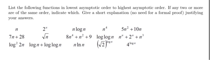 Solved List the following functions in lowest asymptotic | Chegg.com
