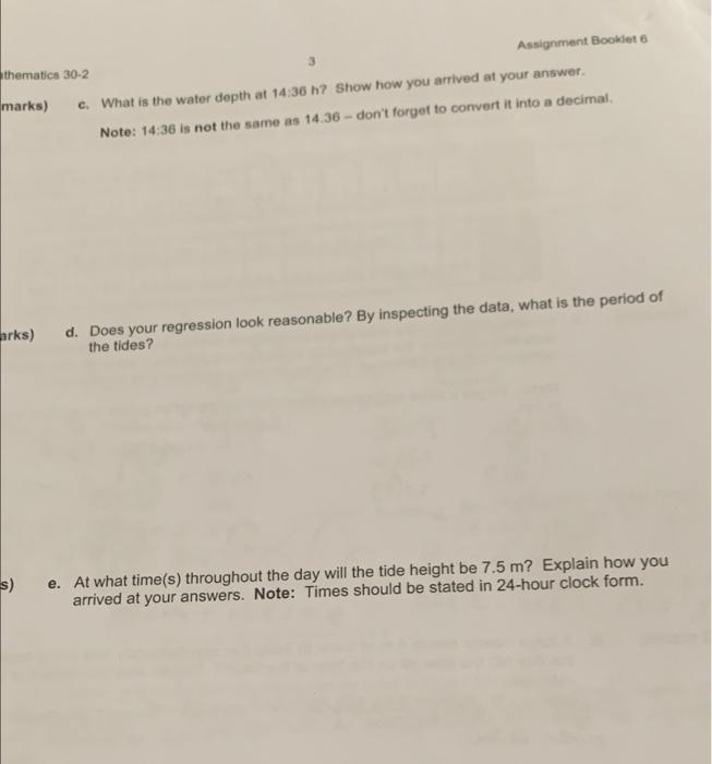 Solved Mathematics 30-2 2 Assignment Booklet 6 2. Tides at | Chegg.com
