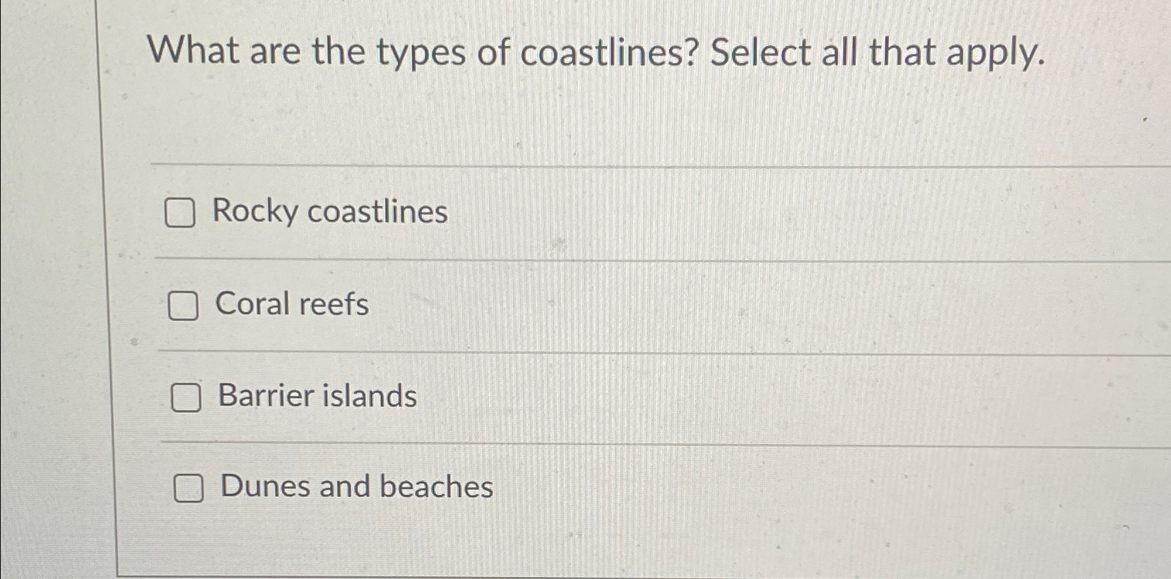 Solved What are the types of coastlines? Select all that | Chegg.com