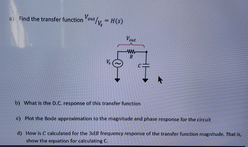 Solved a) find the transfer function H(s)= V(out)/V(s). b) | Chegg.com