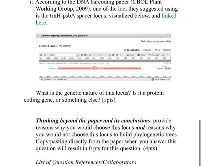10. According to the DNA barcoding paper (CBOL Plant | Chegg.com