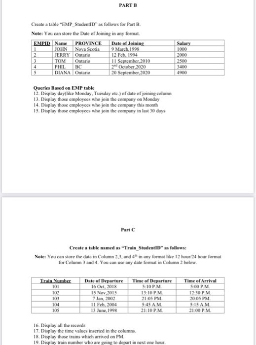 Solved PART B Create a table "EMP_StudentID" as follows for | Chegg.com