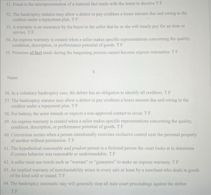 Solved 51. Fraud is the misrepresentation of a material fact | Chegg.com