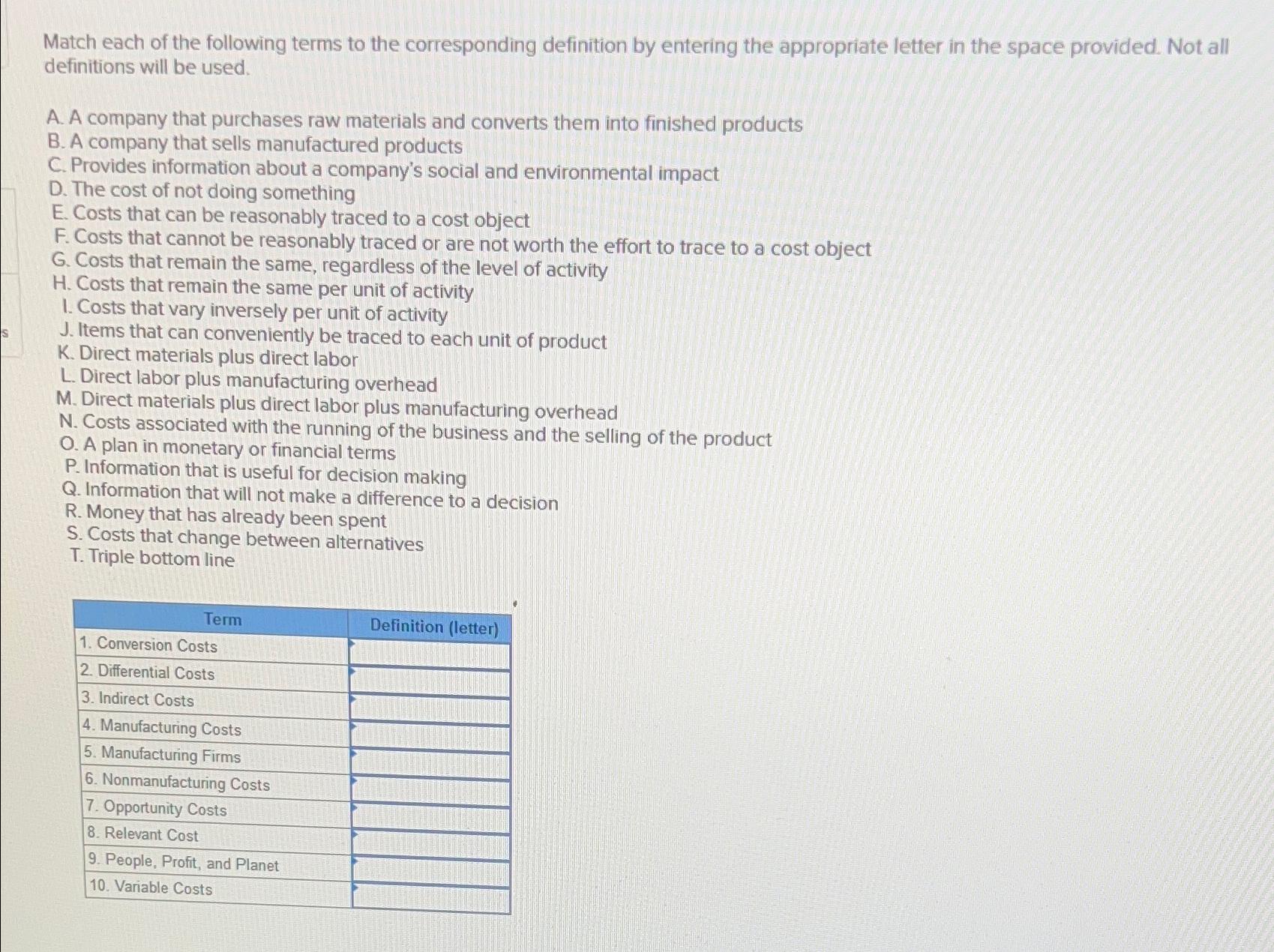 Solved Match each of the following terms to the | Chegg.com
