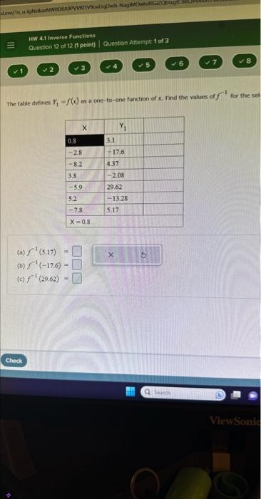 Solved The table defines y1=f(x) as a one-to-one function of | Chegg.com