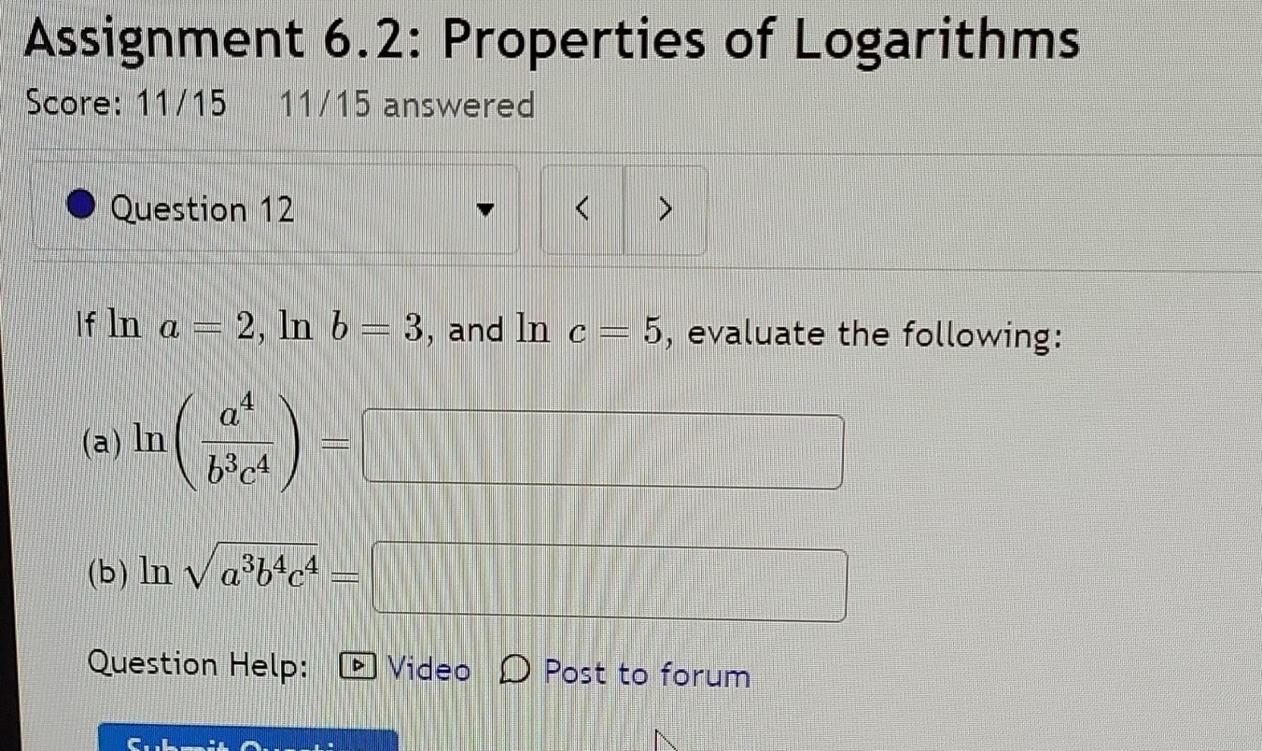 Solved Assignment 6.2: Properties of Logarithms Score: | Chegg.com
