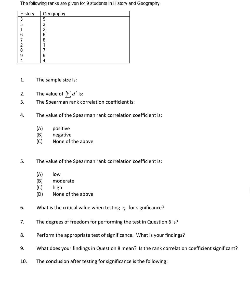 Solved The following ranks are given for 9 students in | Chegg.com