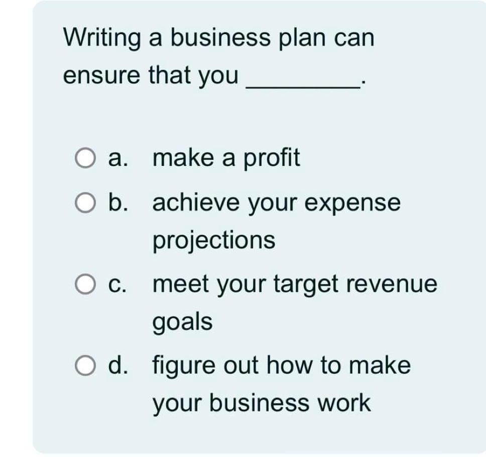 Solved Writing a business plan can ensure that youa. ﻿make a | Chegg.com