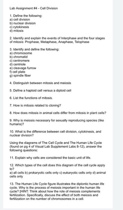 Solved Lab Assignment #4 - Cell Division 1. Define the | Chegg.com
