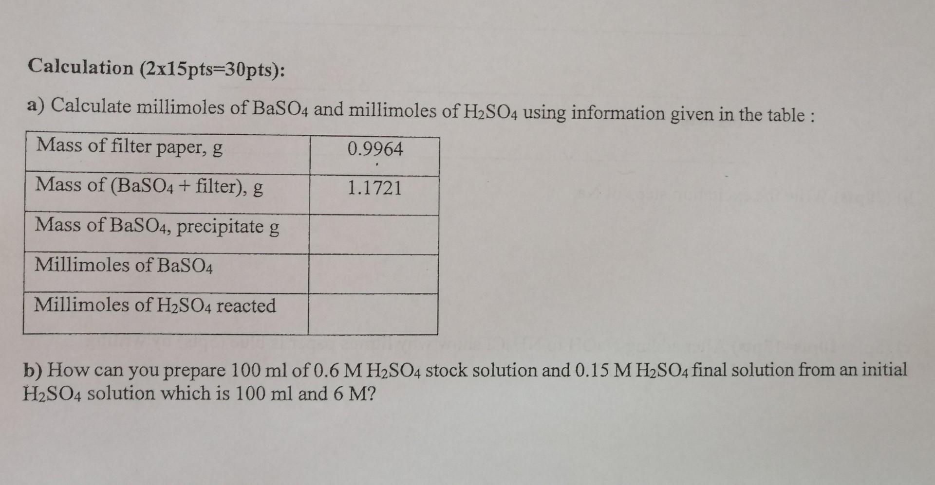 Solved Calculation (2×15pts=30pts) : a) Calculate millimoles | Chegg.com