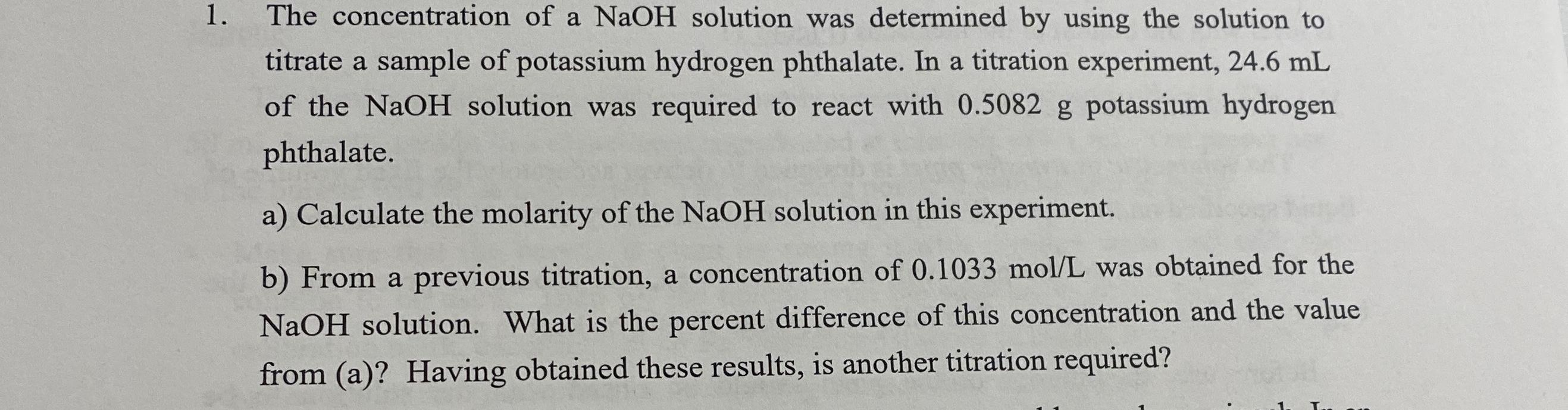 Solved The concentration of a NaOH solution was determined | Chegg.com