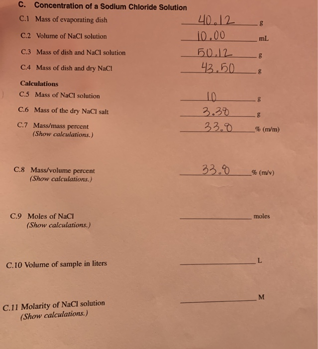 Solved C. Concentration of a Sodium Chloride Solution C.1 | Chegg.com