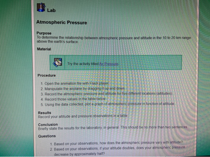 Lab Atmospheric Pressure Purpose To determine the | Chegg.com