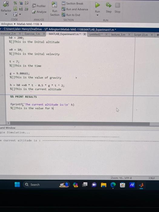 Solved 1. Altitude of an Object in Freefall The current | Chegg.com