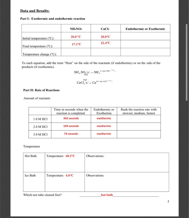 Solved Data and Results: Part I: Exothermic and endothermic | Chegg.com
