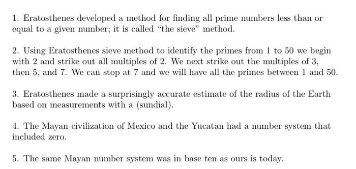 Solved 1. Eratosthenes developed a method for finding all | Chegg.com