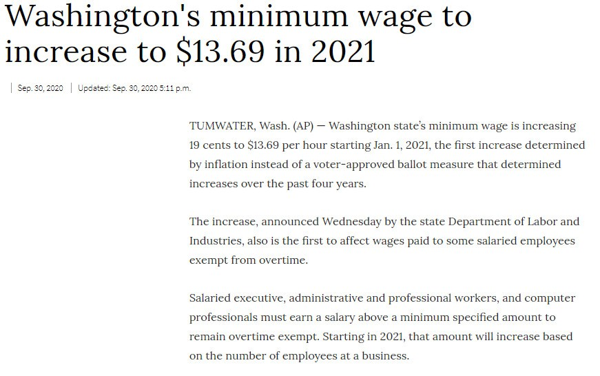 Solved Washington's minimum wage to increase to $13.69 in | Chegg.com