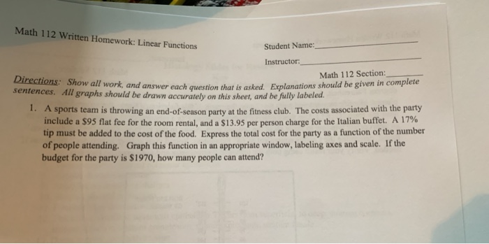 Solved Math 112 Written Homework: Linear Functions Student | Chegg.com