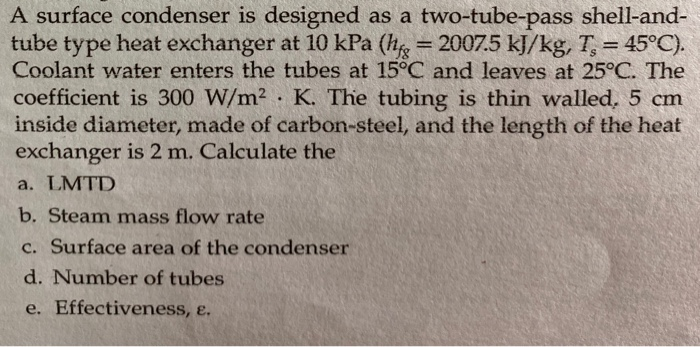 Solved A surface condenser is designed as a two-tube-pass | Chegg.com