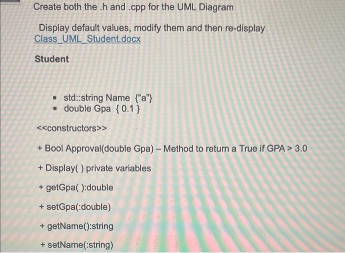 Solved Create both the .h and .cpp for the UML Diagram | Chegg.com