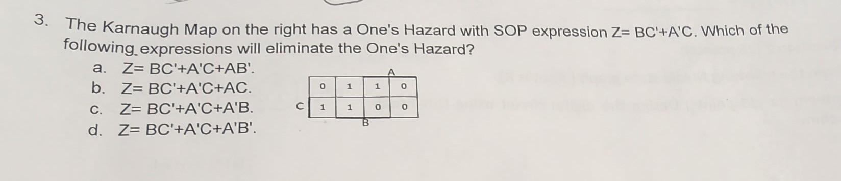 Solved 3. The Karnaugh Map on the right has a One's Hazard | Chegg.com