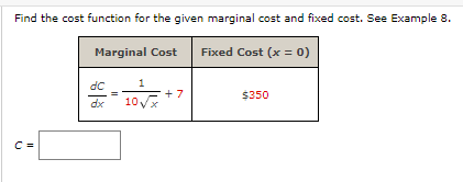 Solved Find the cost function for the given marginal cost | Chegg.com