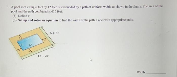 Solved 3. A pool measuring 6 feet by 12 feet is surrounded | Chegg.com