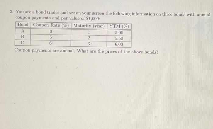 Solved 2. You are a bond trader and see on your screen the | Chegg.com