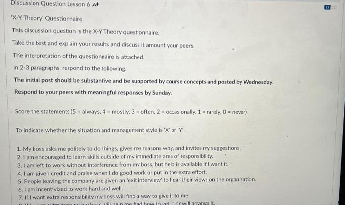 Solved Discussion Question Lesson 6 A D "X-Y Theory | Chegg.com