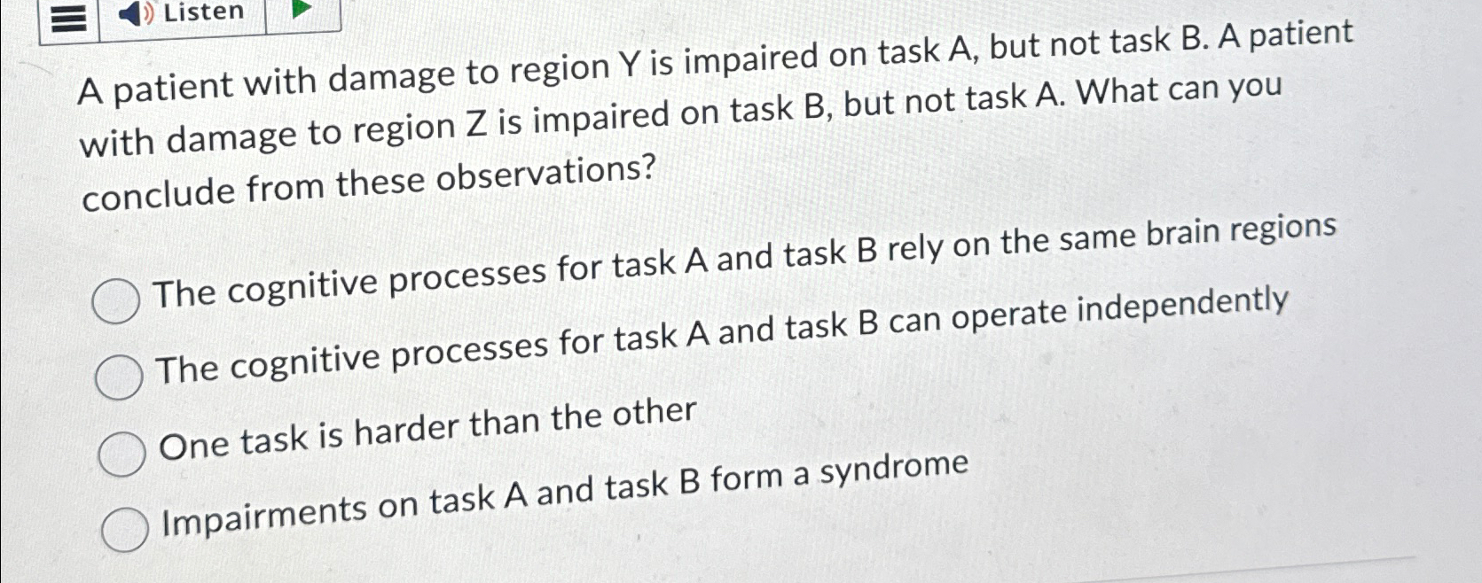 Solved A patient with damage to region Y ﻿is impaired on | Chegg.com