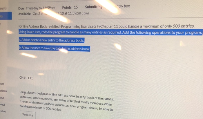 ntry box ments Due Thursday by 11.59pm Available Oct | Chegg.com