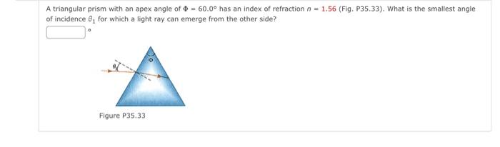 Solved A triangular prism with an apex angle of Φ=60.0∘ has | Chegg.com