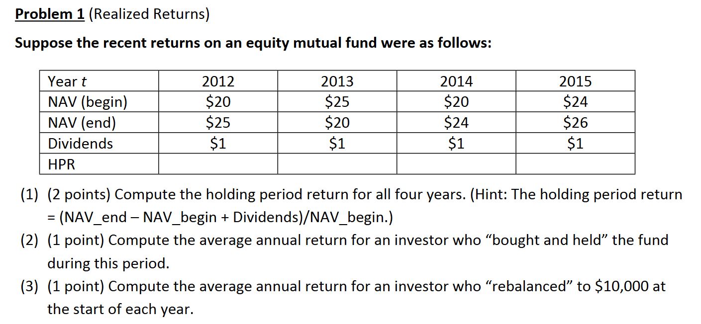 Solved Problem 1 (Realized Returns)Suppose the recent | Chegg.com