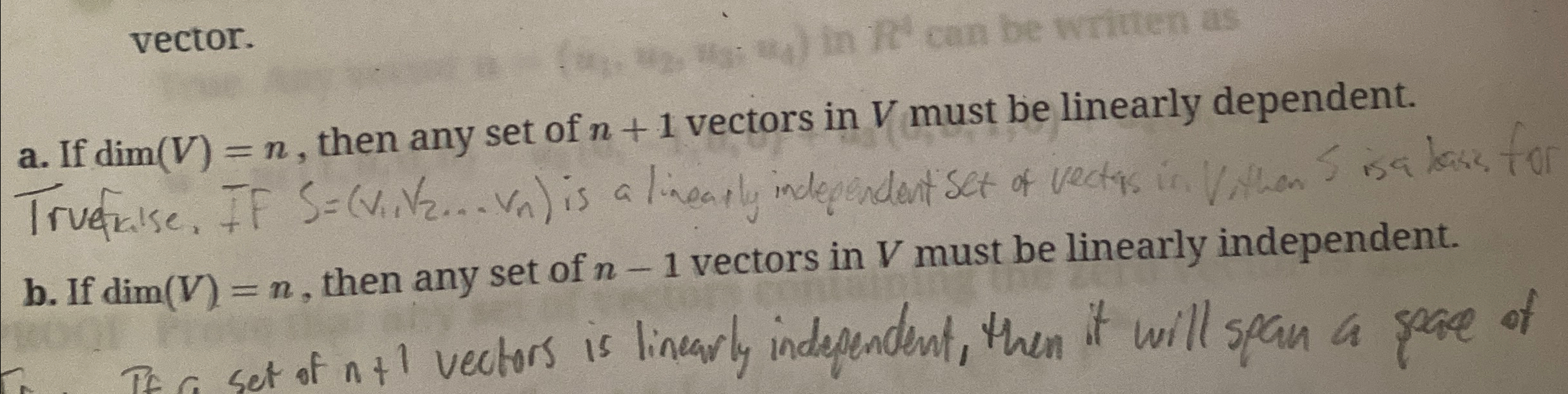 Solved vector.a. ﻿If dim(V)=n, ﻿then any set of n+1 ﻿vectors | Chegg.com