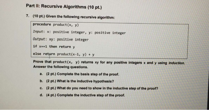 Solved Part II: Recursive Algorithms (10 pt.) 7. (10 pt.) | Chegg.com