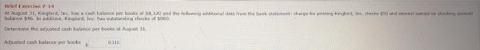Solved trefter 14 At Augu 1Kingadinchoacash balance per | Chegg.com