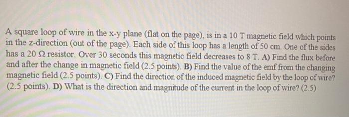 Solved A square loop of wire in the x−y plane (flat on the | Chegg.com